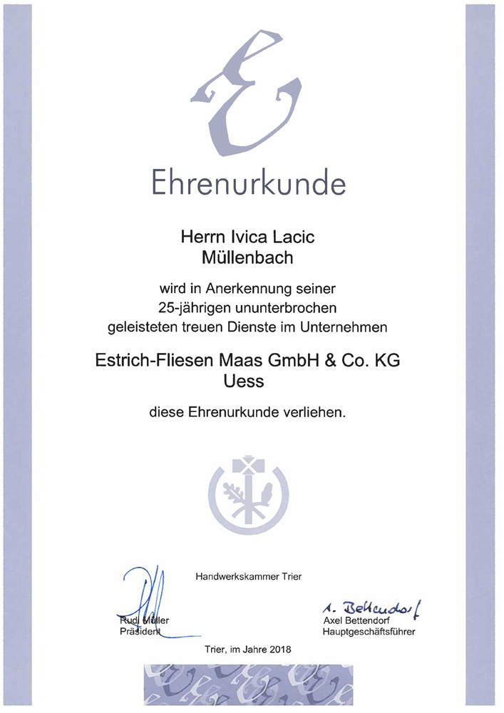 Verleihung Ehrenurkunde | Estrich-Fliesen Maas GmbH & Co. KG - 56767 Uess